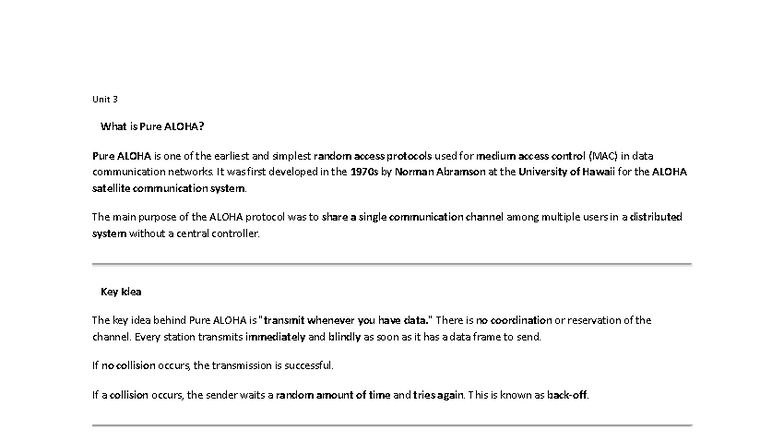 Unit 3 - Pure ALOHA and CSMA Protocols Overview for Software ...