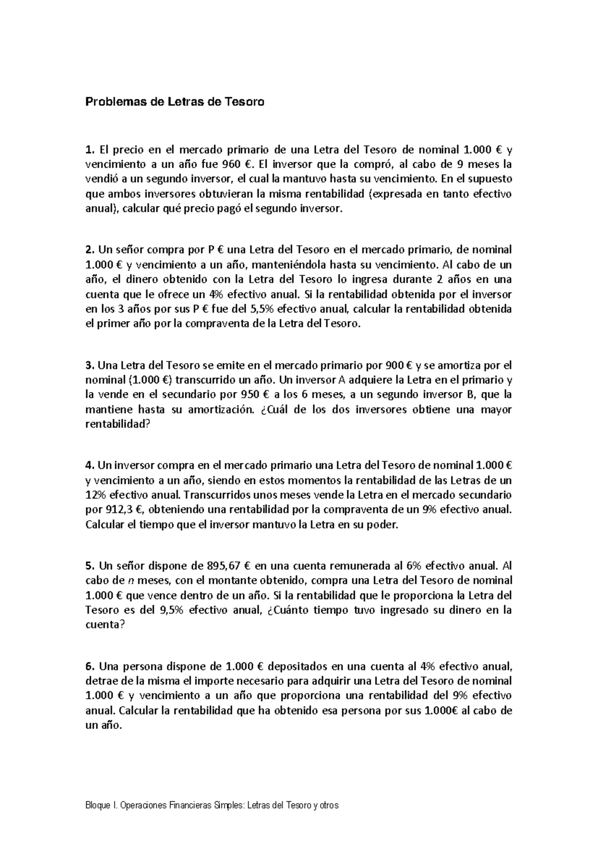 Ejercicios Prácticos sobre Letras del Tesoro - Financieras I - Studocu