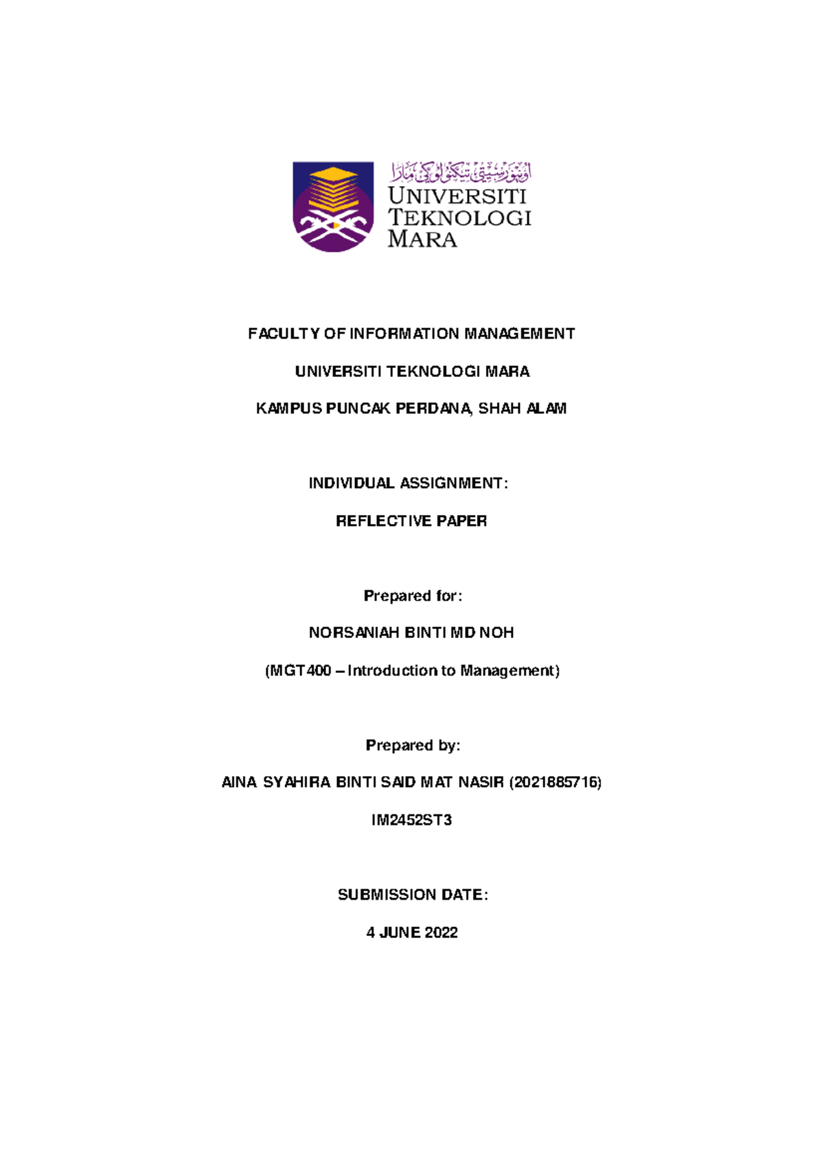 Reflective Paper (AINA Syahira)(IM2452ST3) - ####### FACULTY OF ...