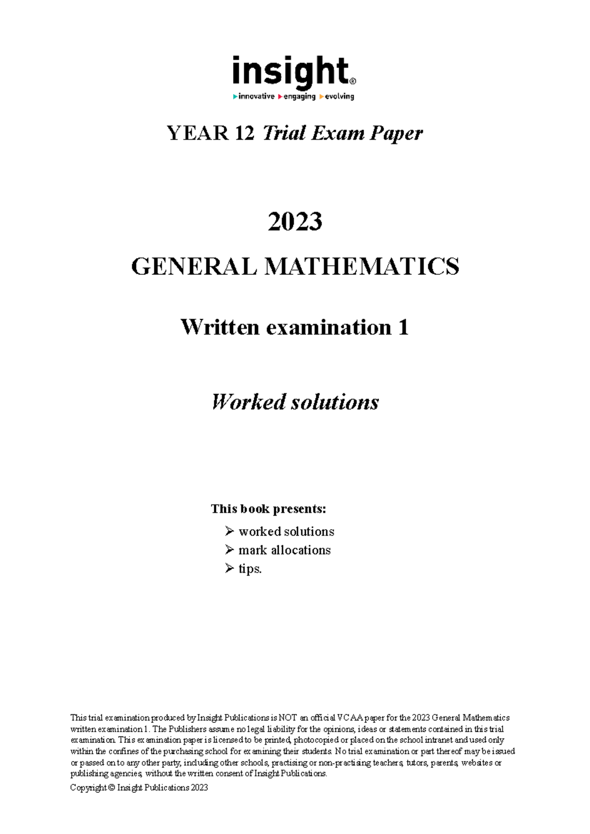 2024 General Mathematics Insight Units 3 4 Exam 1 Solutions - Studocu