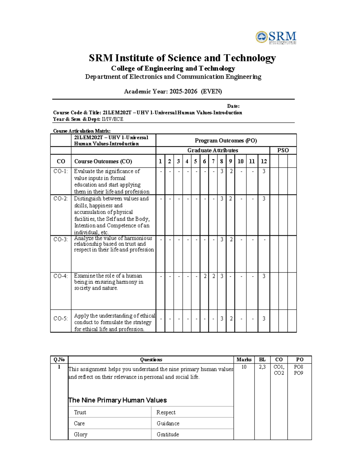 21LEM202T UHV Human Values Assignment: Ranking & Story Creation - Studocu