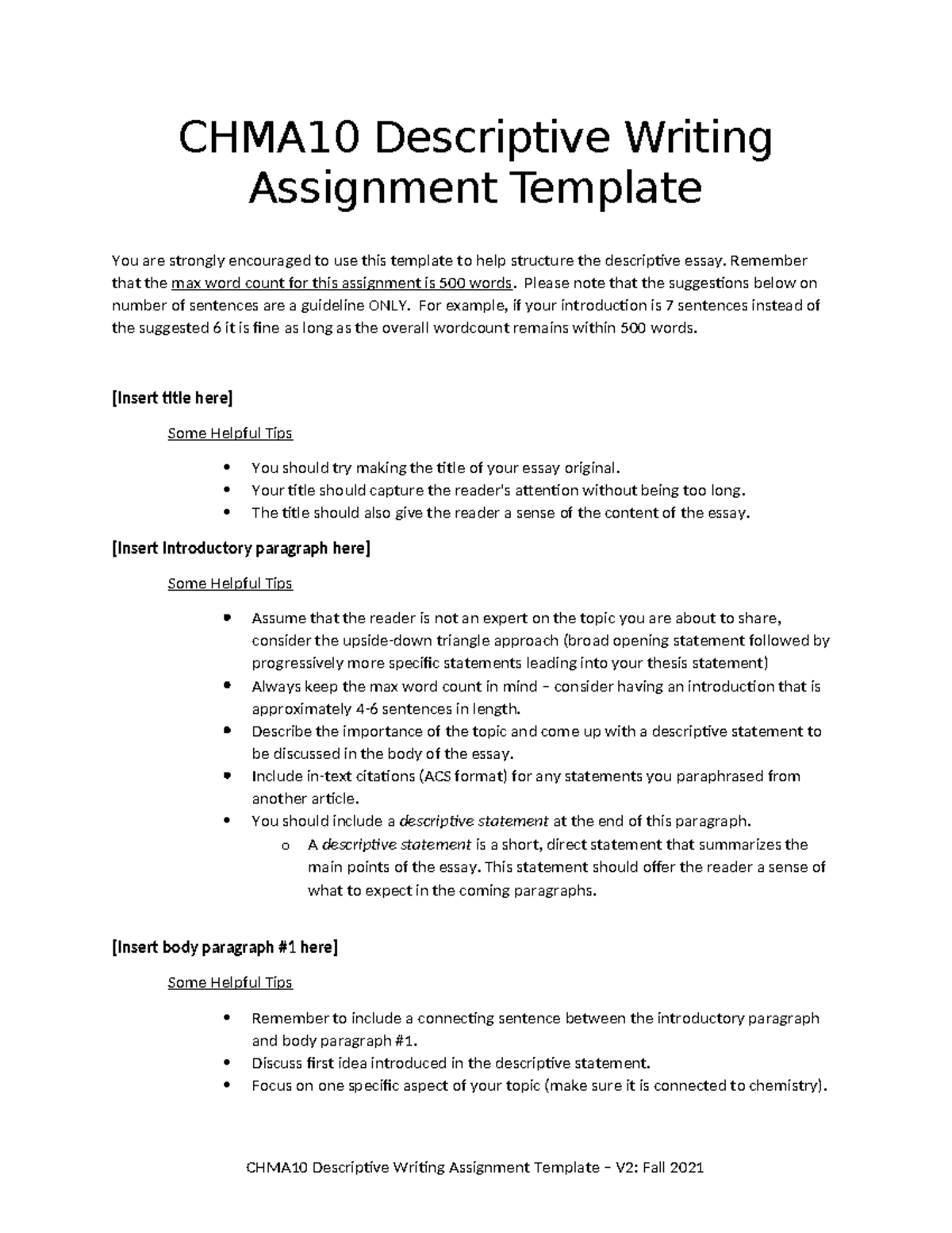 Descriptive essay template V2 - CHMA10 Descriptive Writing Assignment ...