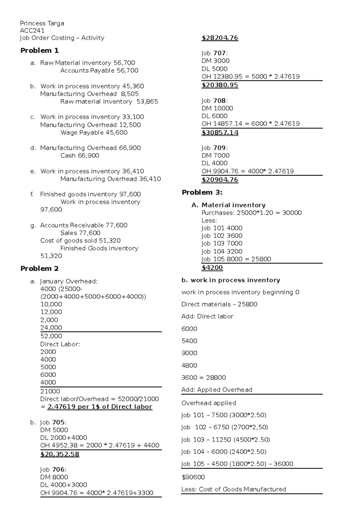 Job Order Costing Assignment - ACC241 Activity Problems - Studocu