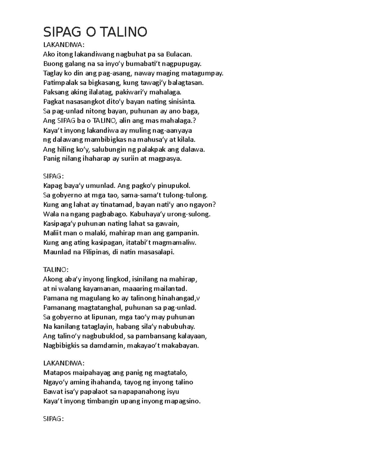 Sipag vs. Talino: Balagtasan sa Pag-unlad ng Bayan - Studocu