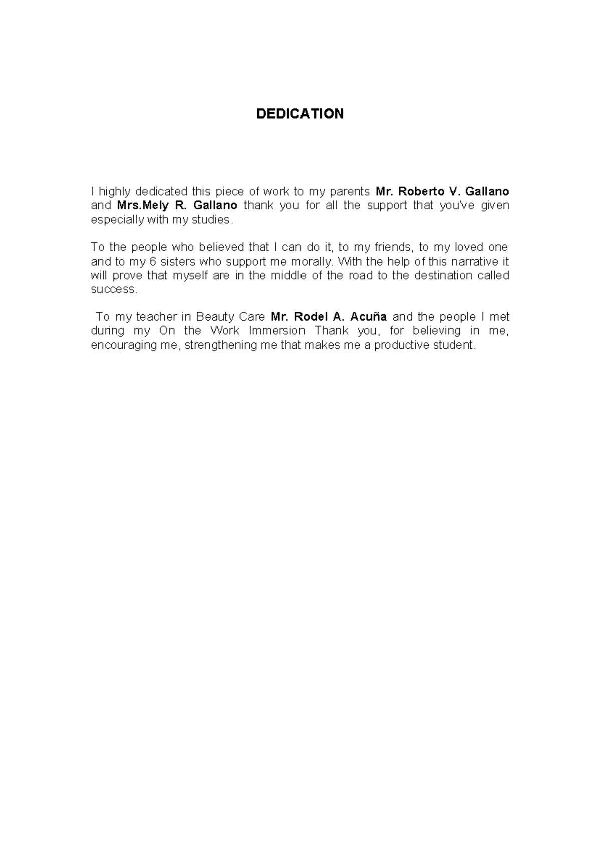 Acknowledgment and Dedication of Work Immersion Experience in BC 101 ...