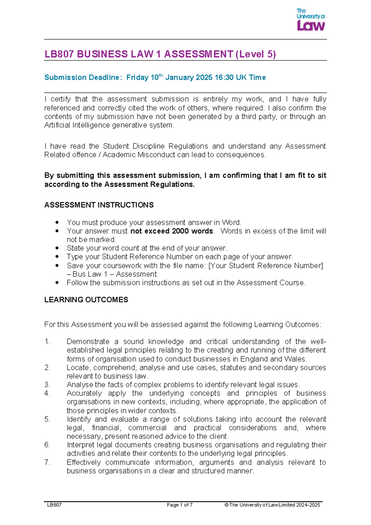LB807 Business Law 1 Final Exam Assessment Guide and Instructions - Studocu