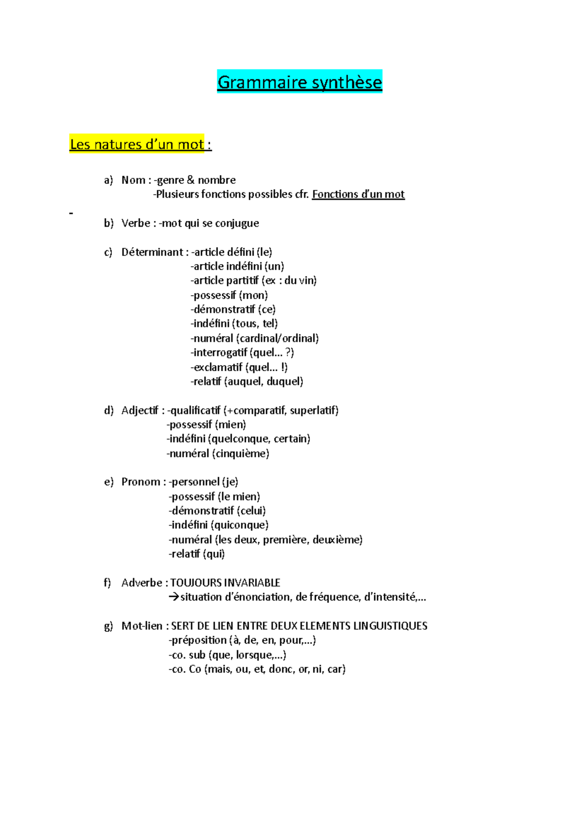Grammaire synthèse - Grammaire synthèse Les natures d’un mot : a) Nom : -genre & nombre - Studocu