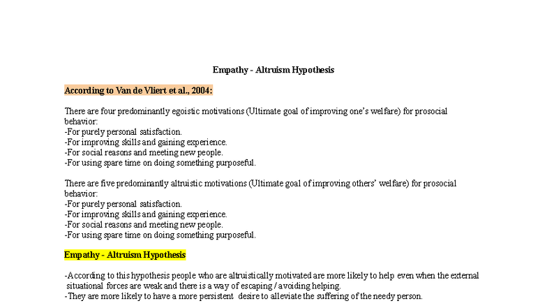 Prosocial Behavior Notes: Empathy-Altruism Hypothesis Overview - Studocu