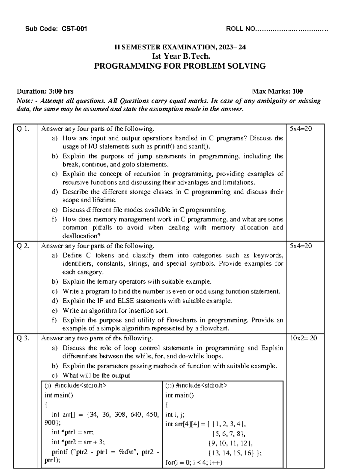 Sub Code: ROLL II SEMESTER EXAMINATION - B.Tech Programming for Problem ...