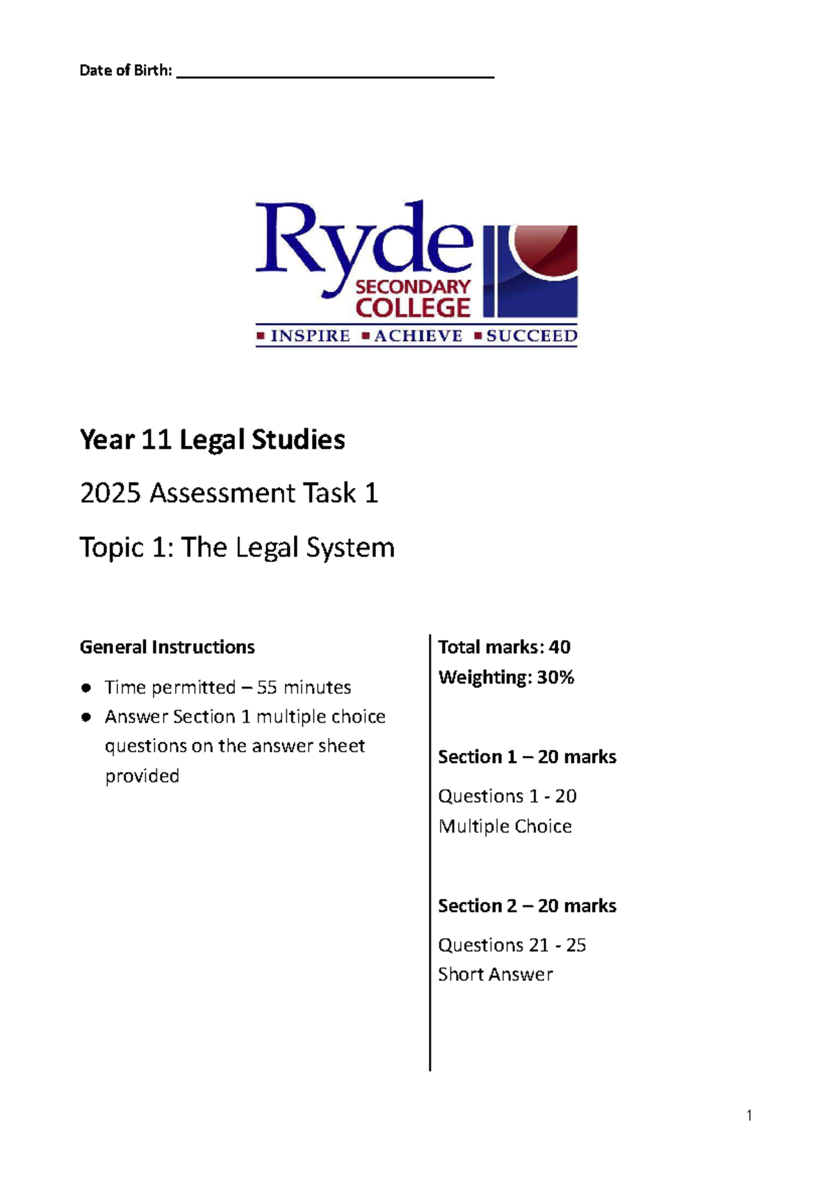 Year 11 Legal Studies 2025 Assessment Task 1: The Legal System Test ...
