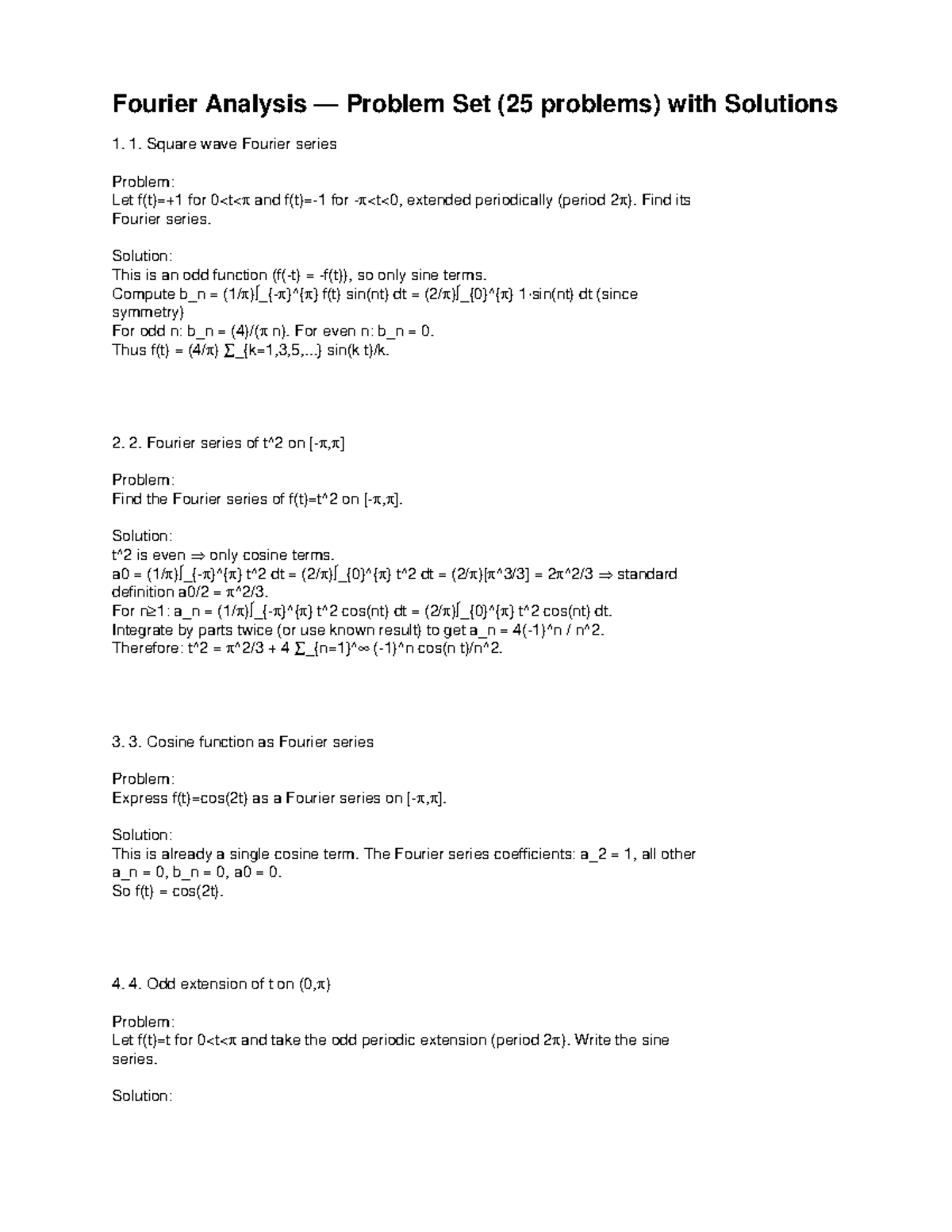 Fourier Analysis Problem Set (25 Problems) with Solutions - Studocu