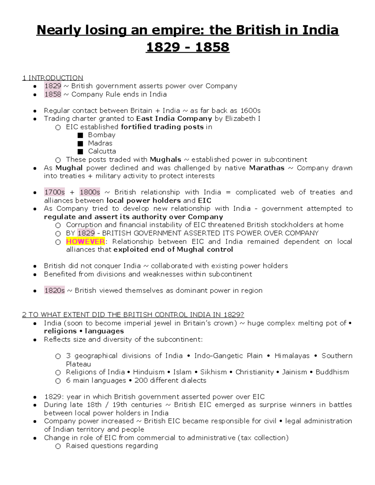 British India: Understanding Imperial Control 1829-1858 - Studocu