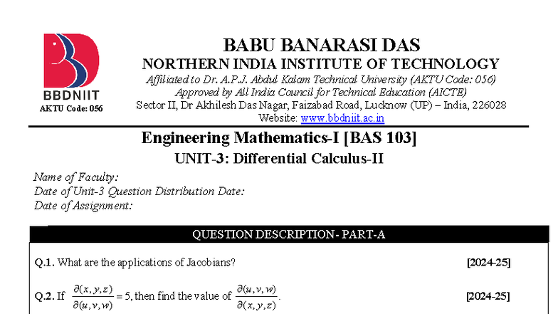 BAS103 EM1 AKTU Unit-3 Question Bank for Engineering Mathematics - Studocu