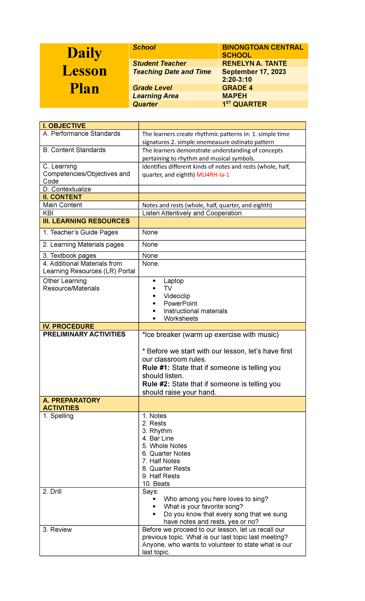 DLP Music 4 - Lesson Plan on Rhythm and Musical Symbols - Studocu