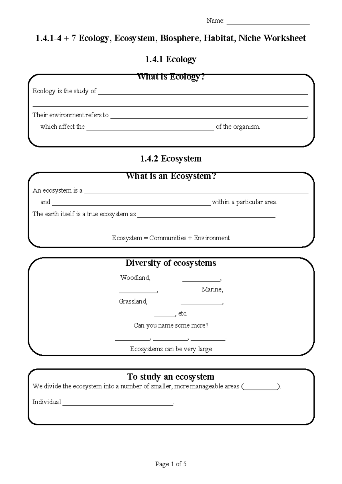 1.4.1 Ecology Worksheet: Exploring Ecosystems, Biosphere, and Niches ...