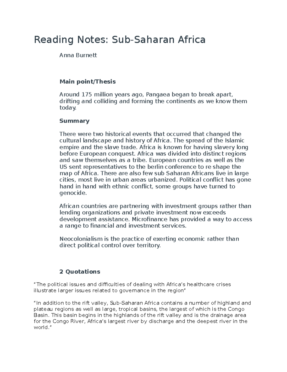 Sub-Saharan Africa: Reading Notes on Culture and History - Studocu