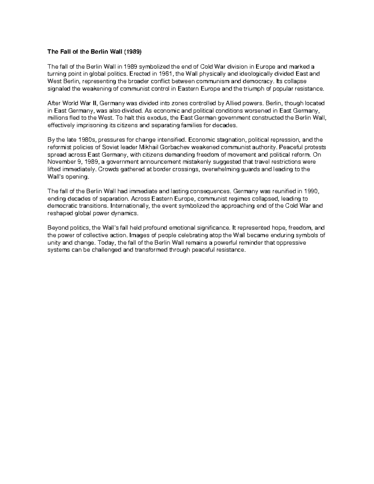 Essay 3: The Fall of the Berlin Wall (1989) and Its Impact - Studeersnel