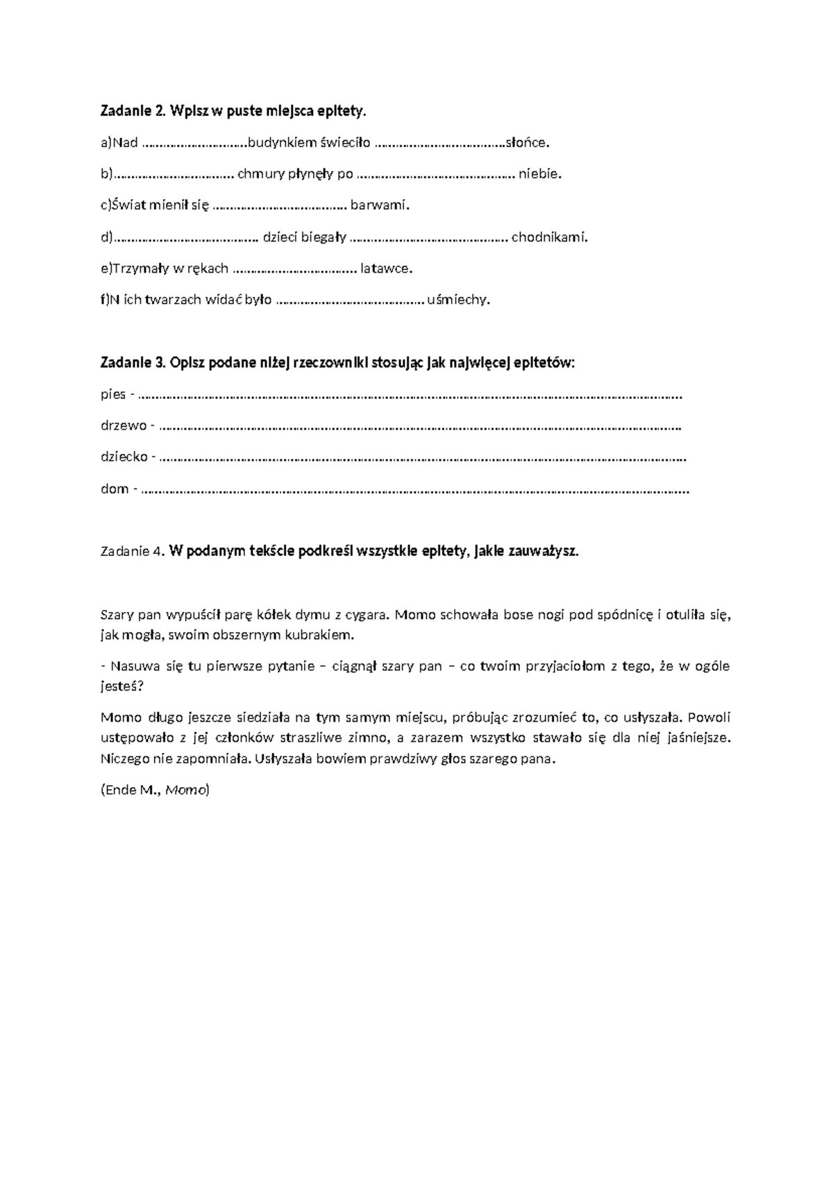 Konspekt lekcji: Epitety w klasie 4b - Sprawdzian i Cele Lekcji - Studocu