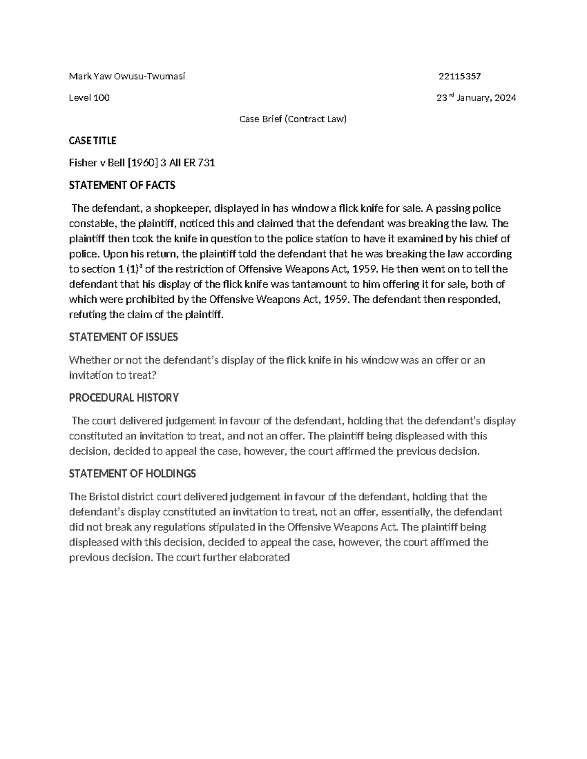 Fisher v Bell [1960] - Case Brief for Contract Law (Level 100) - Studocu