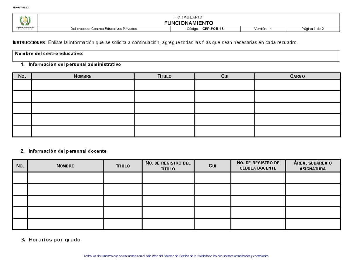 08. CEP-FOR-18 Formulario de Funcionamiento de Centros Educativos - Studocu