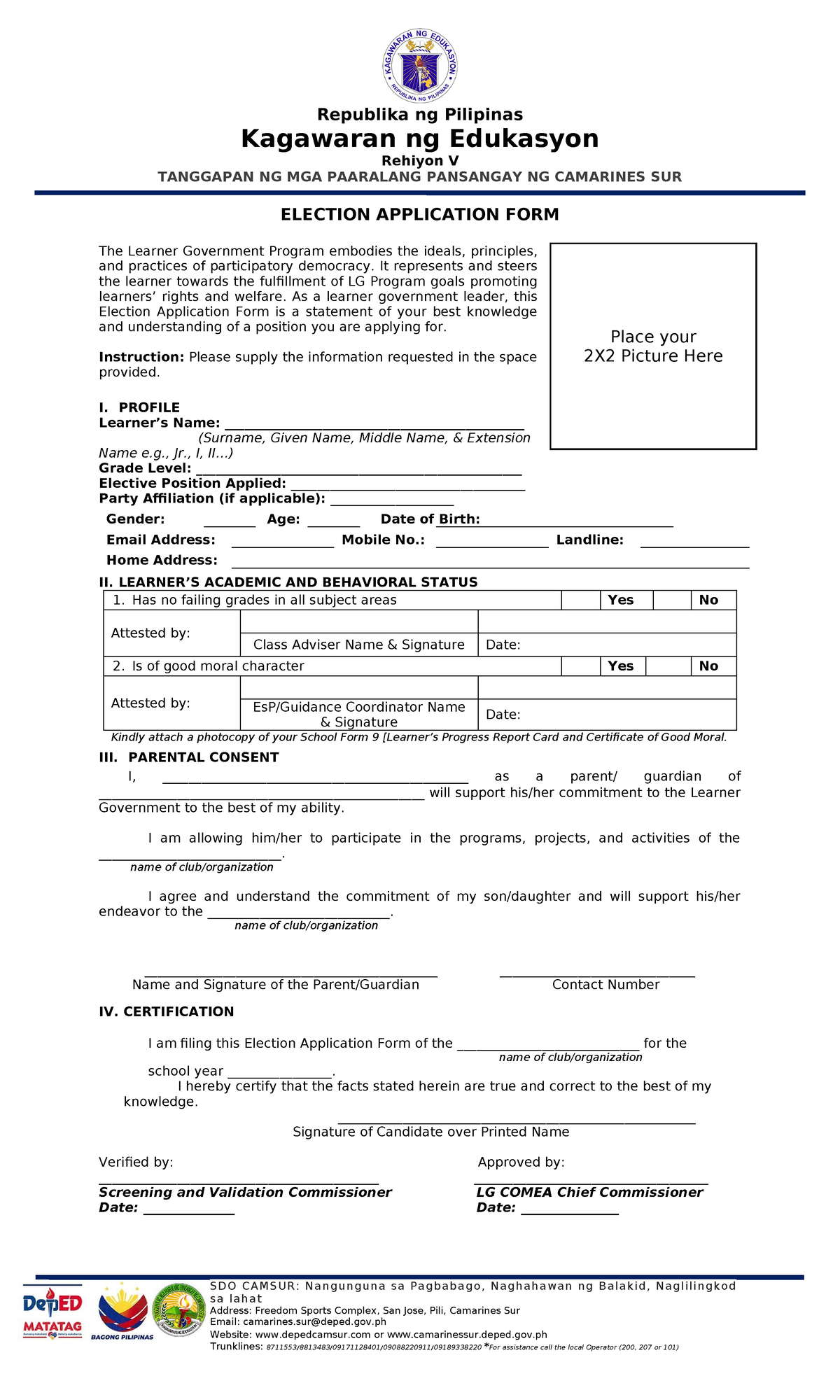Election Application FORM - Republika ng Pilipinas Kagawaran ng ...