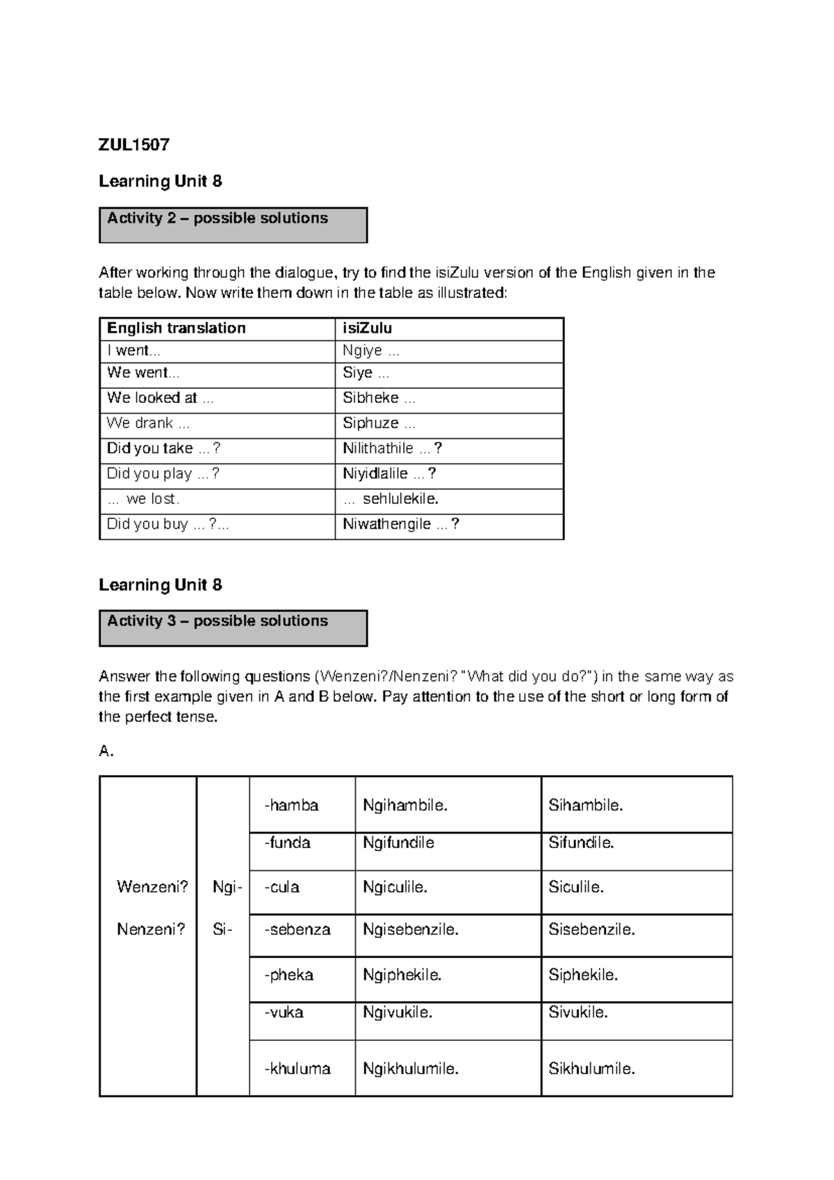 ZUL1507 Learning Unit 8 Activities: Solutions & Examples - Studocu