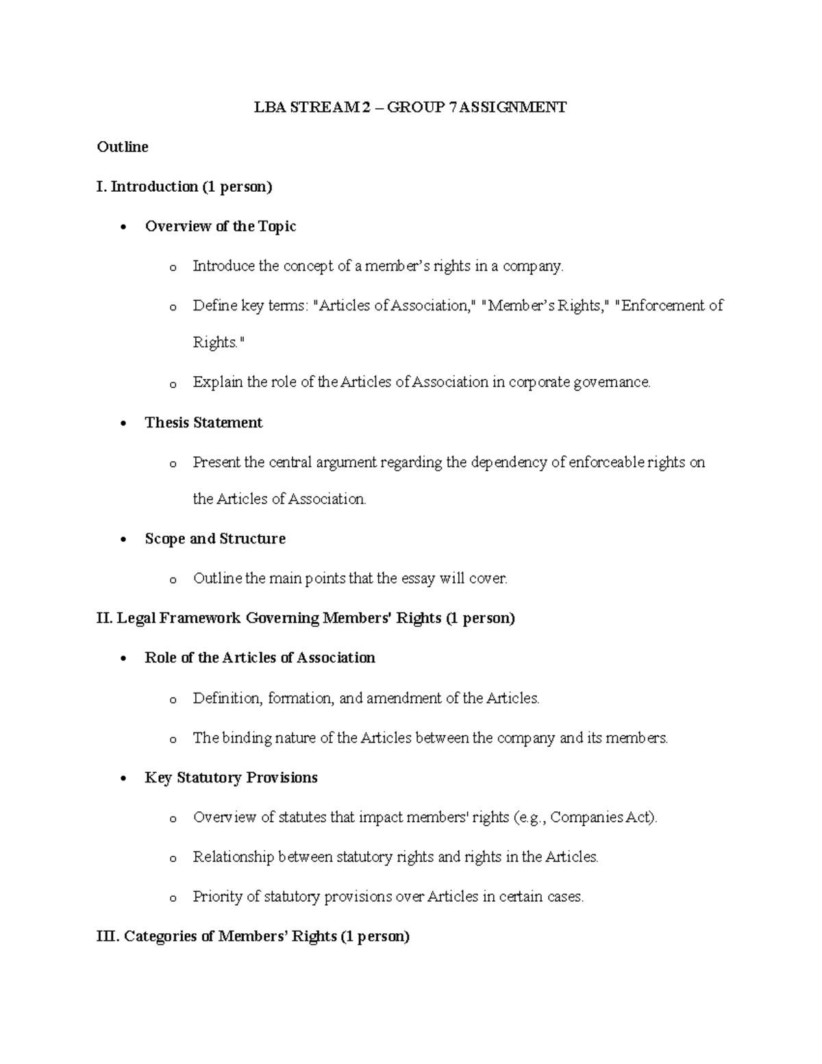 LBA G7 - Stream 2 Outline - LBA STREAM 2 – GROUP 7 ASSIGNMENT Outline I. Introduction (1 person ...