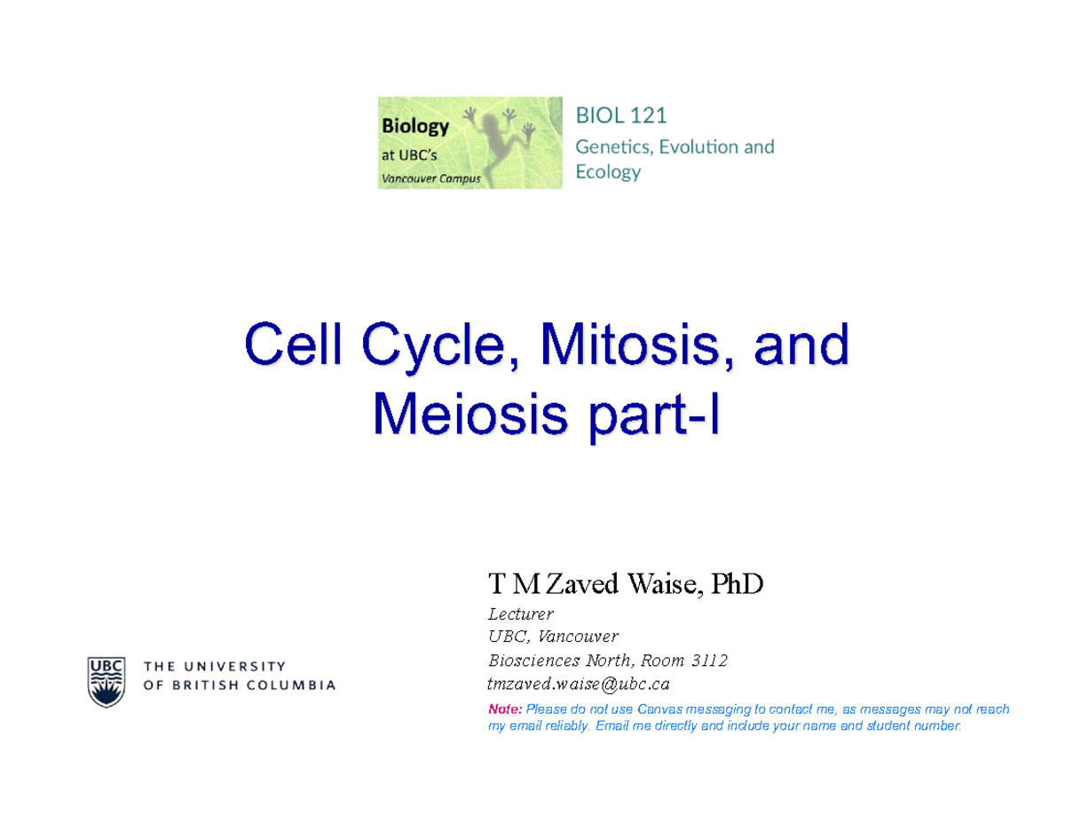 BISC 101: Cell Cycle, Mitosis, and Meiosis Lecture Notes - Studocu