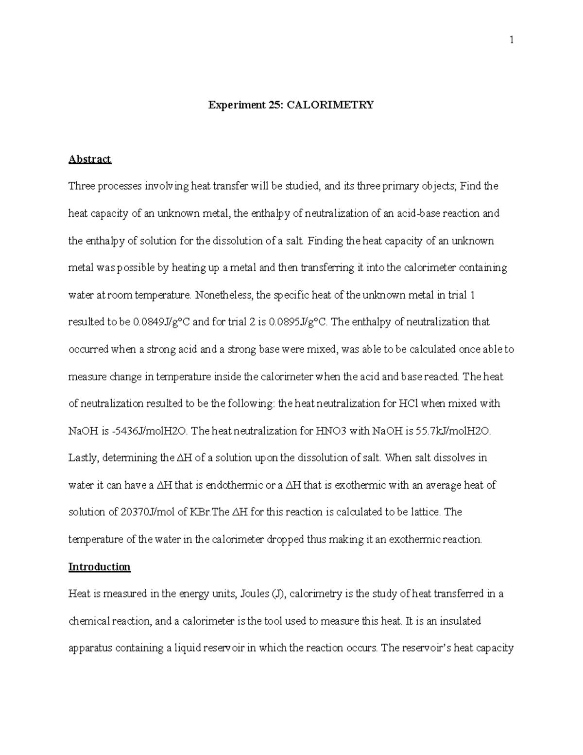 Formal Lab Report Calorimetry - Experiment 25: CALORIMETRY Abstract ...