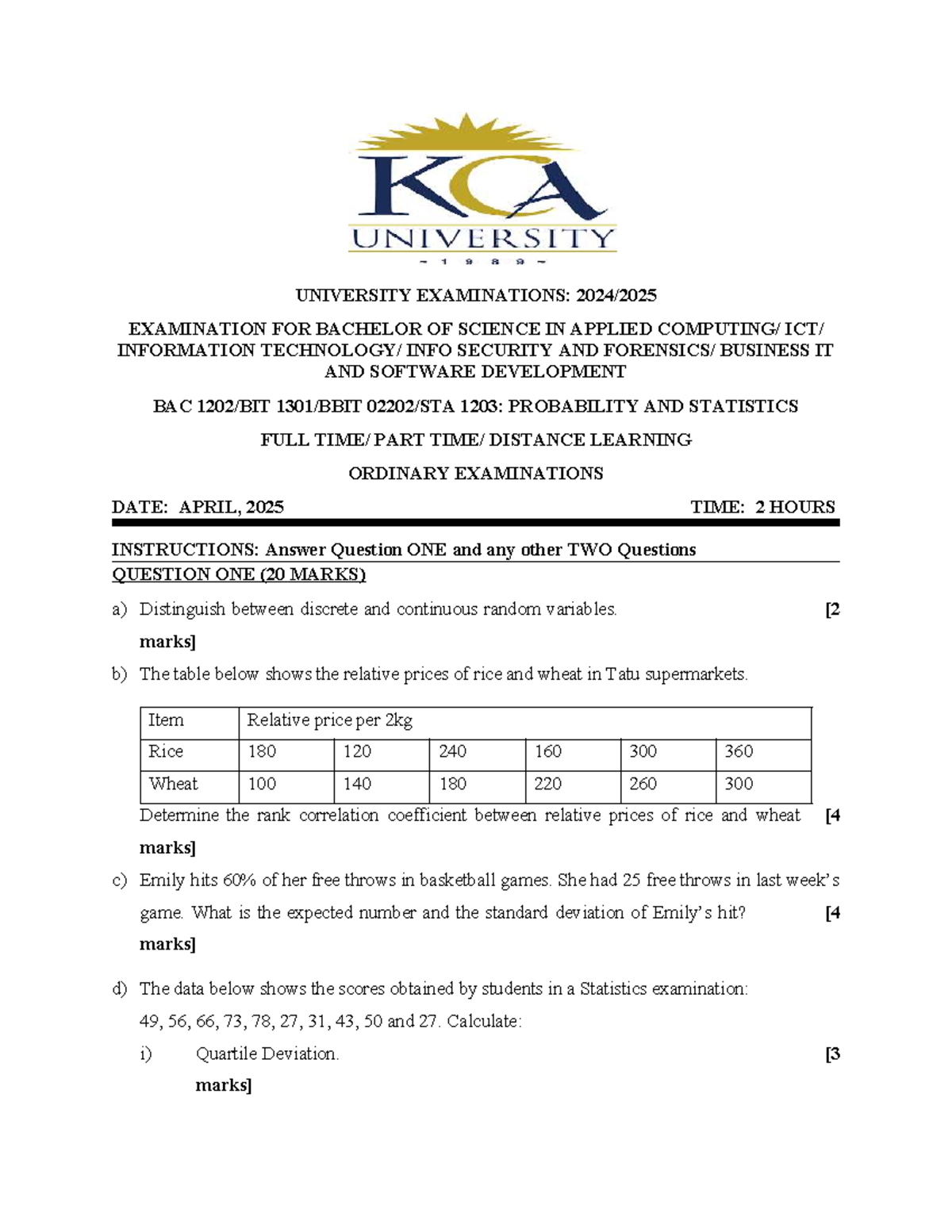 BAC 1203: Probability and Statistics Exam Draft - April 2025 - Studocu