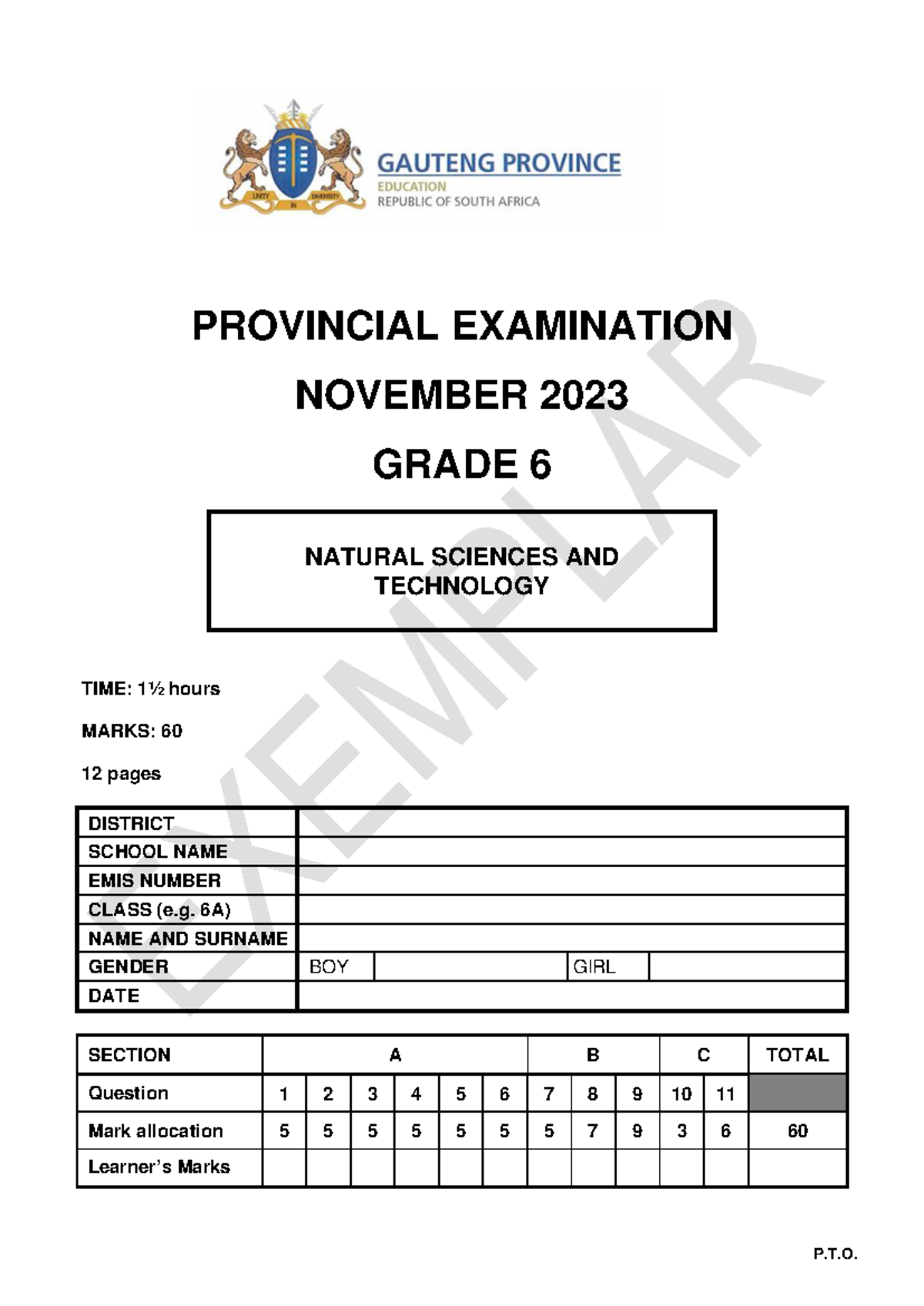 Grade 6 NST (Eng) Nov 2023 Question Paper: Natural Sciences & Tech ...