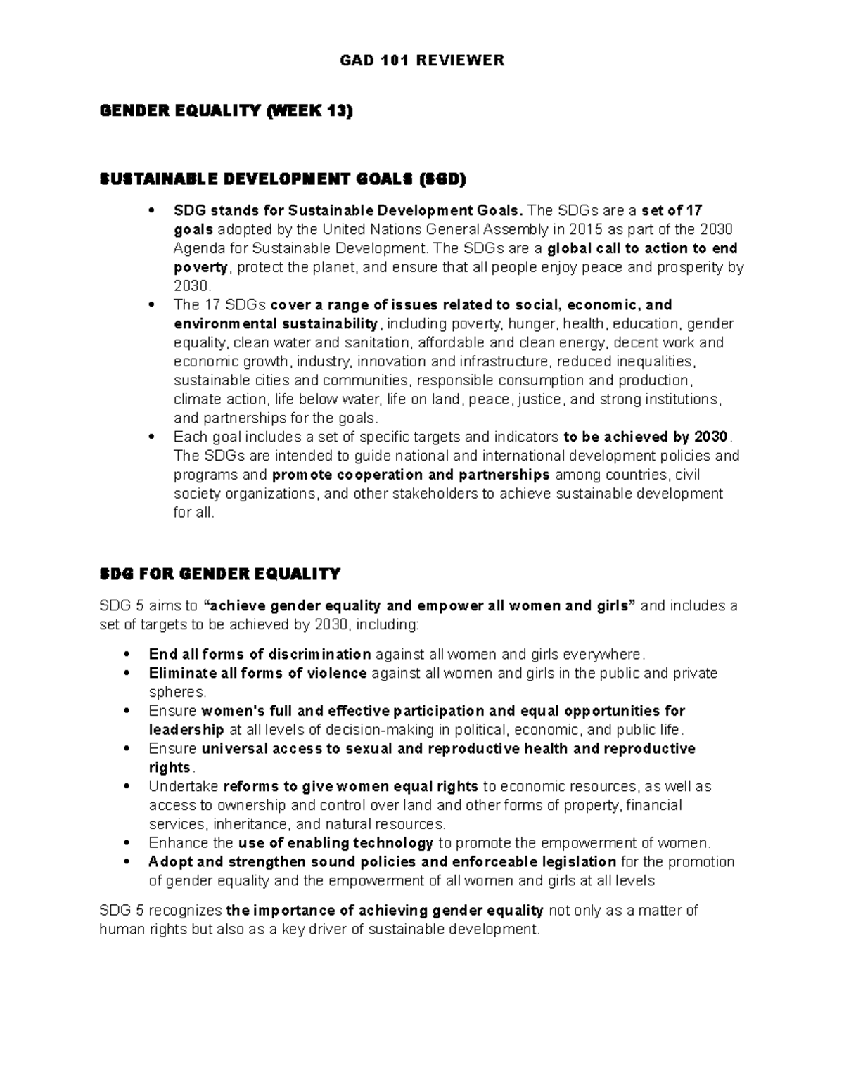 GAD 101 REVIEWER: GENDER EQUALITY & SDG 5 Insights - Studocu