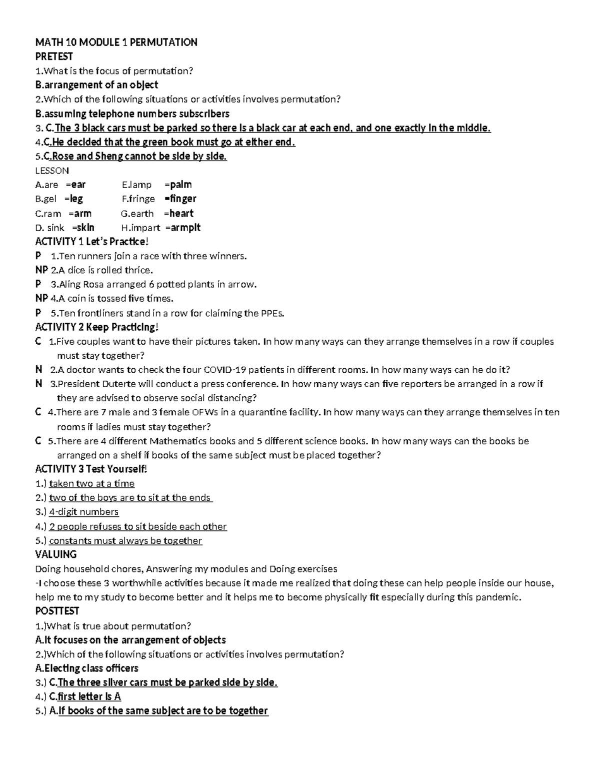 MATH 10 MODULE 1 PERMUTATION PRETEST AND ACTIVITIES - Studocu