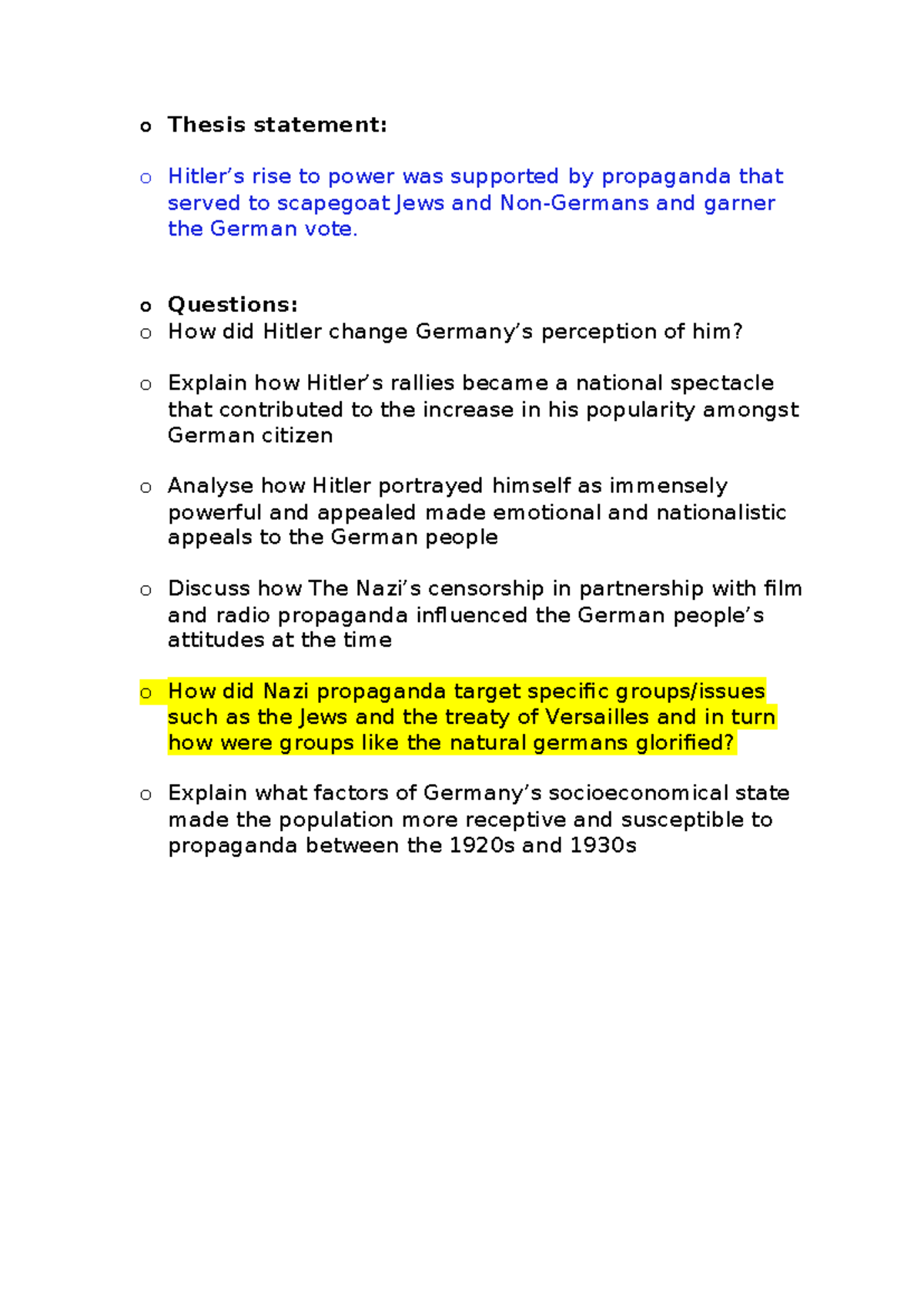 Modern History SAC 2: Thesis & Questions on Hitler's Rise to Power ...