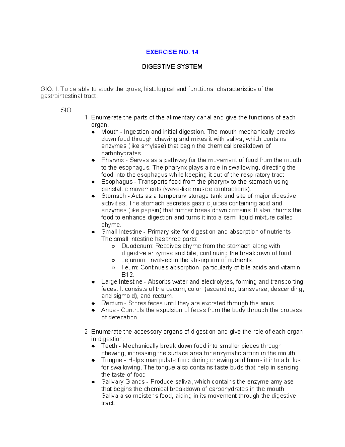 LAB Exercise 14: Digestive System Overview and Functions - Studocu