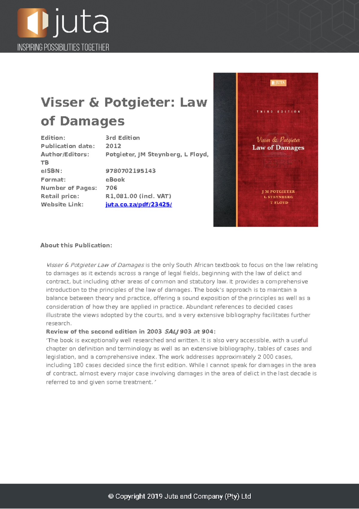 Law 3rd Ed. Lecture Notes on Damages by Visser & Potgieter - Studocu