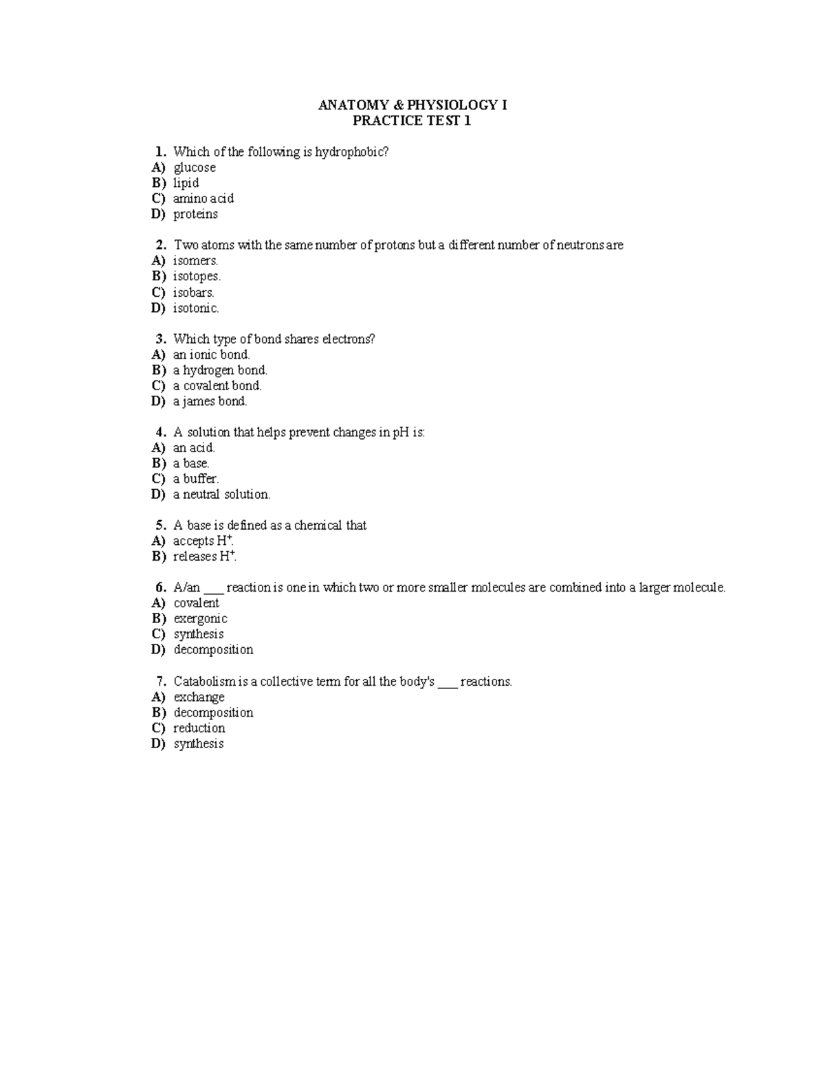 A & P 1 Practice Test 1 - Key Concepts & Questions - Studocu