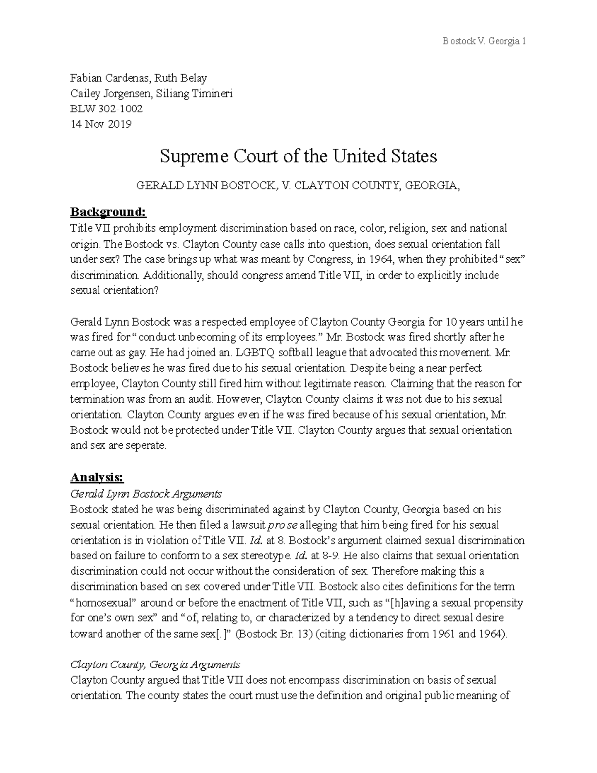 BLW 302 Case Study: Bostock v. Clayton County Analysis - Studocu