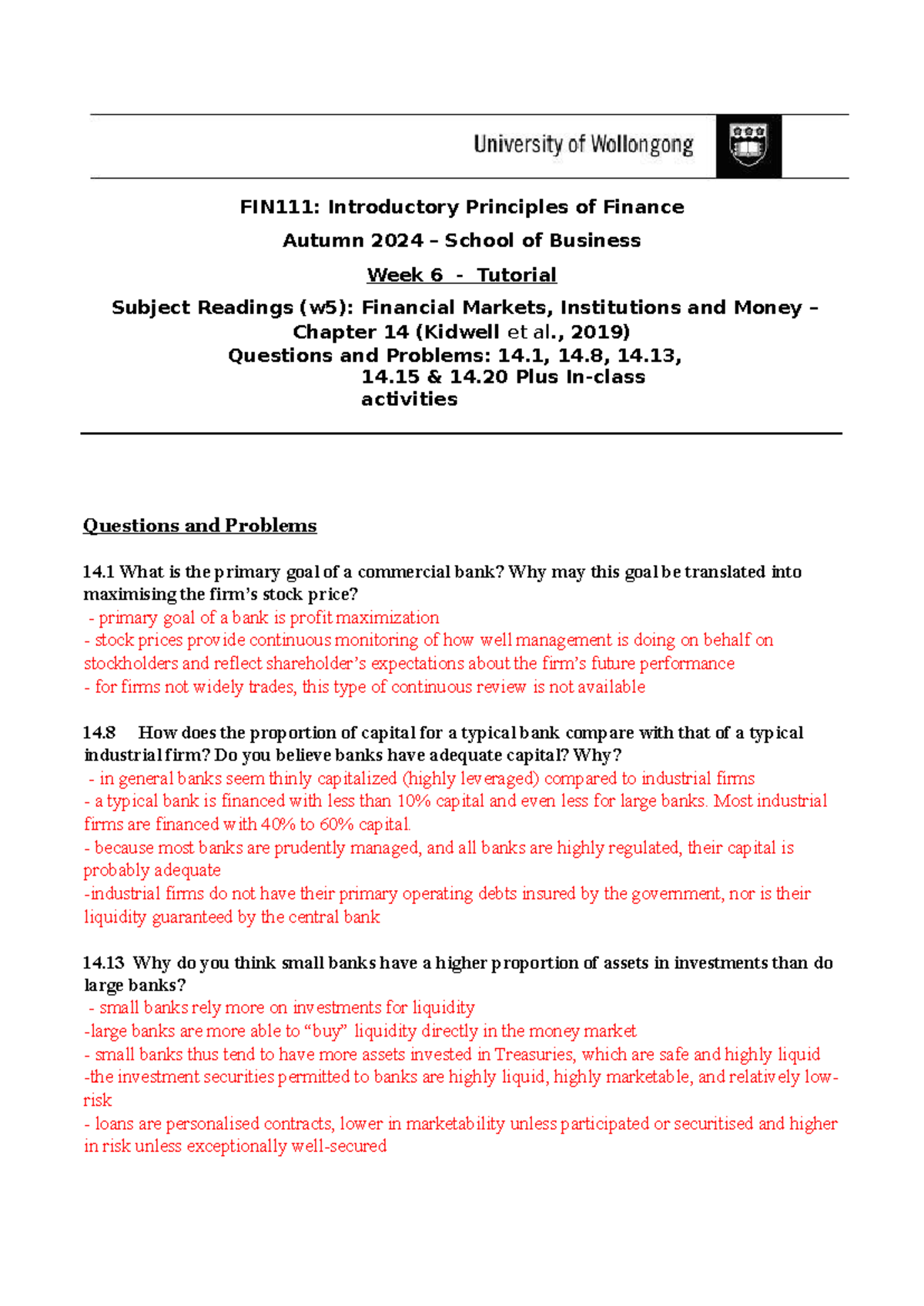 FIN111 Week 6 Tutorial Questions - Autumn 2024 - Studocu