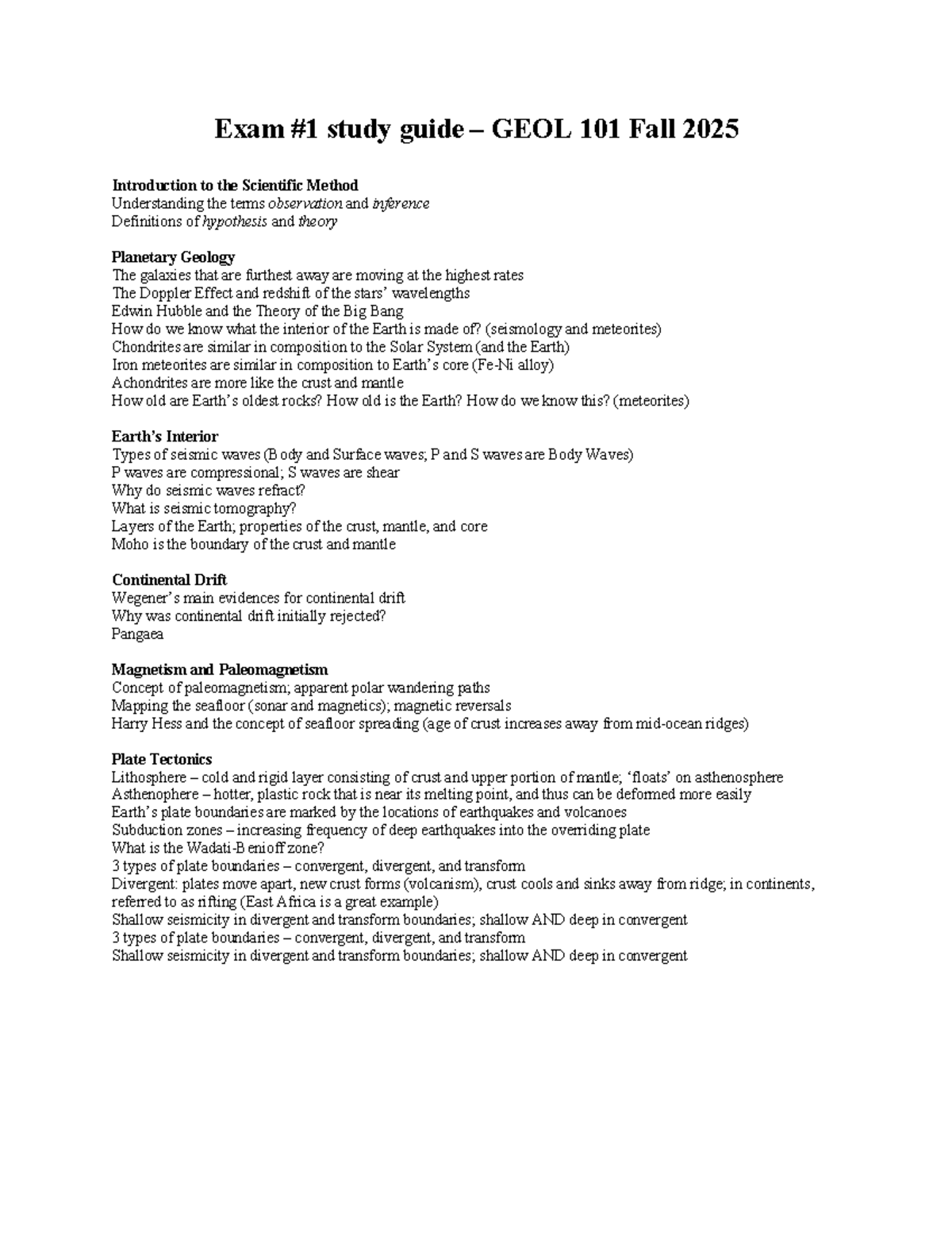 Exam #1 Study Guide - GEOL 101 Fall 2025: Scientific Method & Geology ...