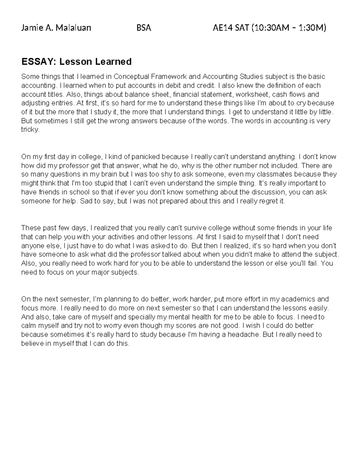 Essay Lesson Learned - Lecture notes - Jamie A. Malaluan BSA AE14 SAT ...