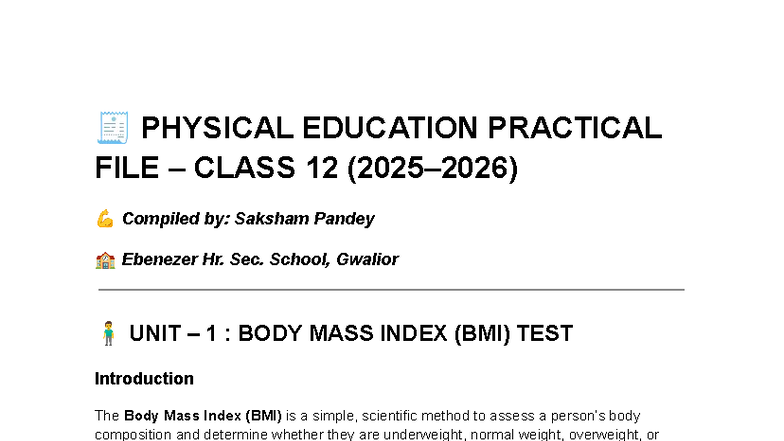Physical Education Practical File - Class 12 (2025-2026) - Studocu