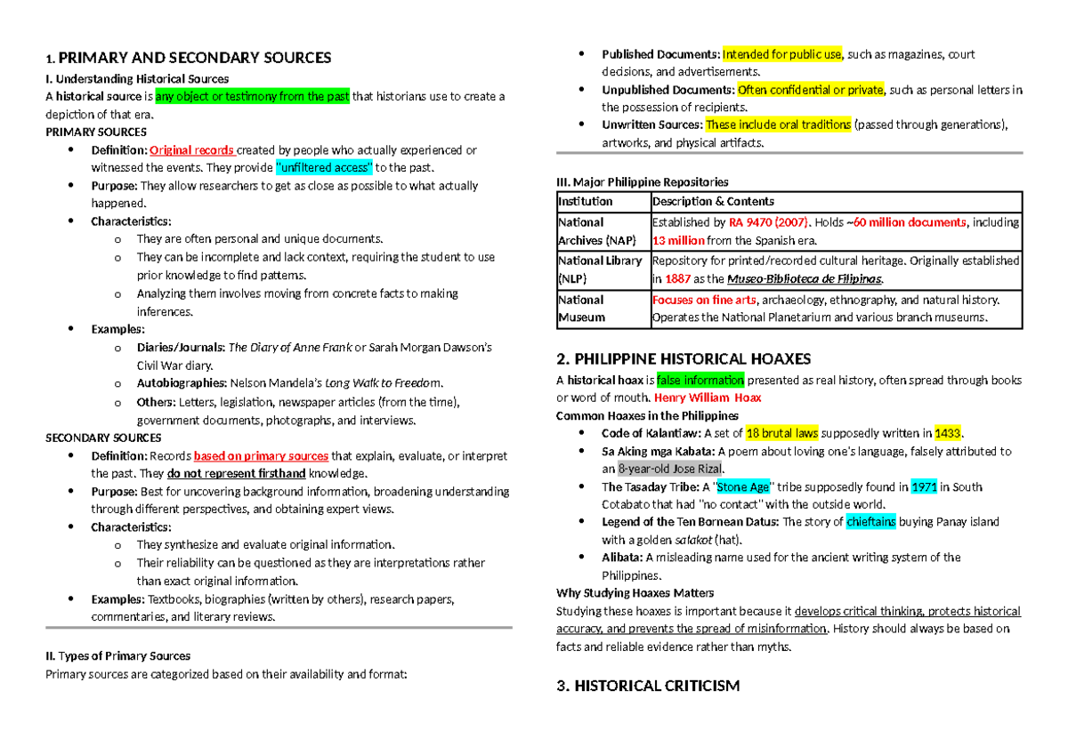 Understanding Primary and Secondary Sources: A Study Guide (HIST 101 ...
