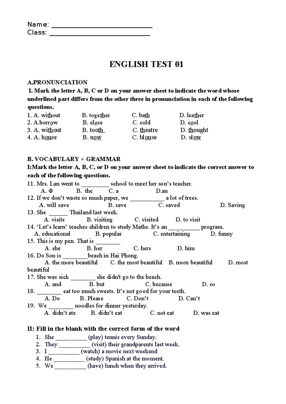 Test Eng 7C - English Test 01: Pronunciation, Vocabulary, and Reading ...