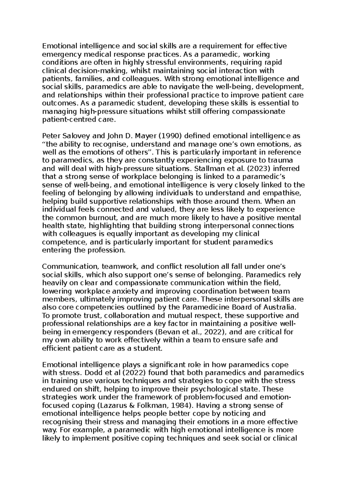 Emotional Intelligence & Social Skills in Paramedicine: Assignment 2 ...