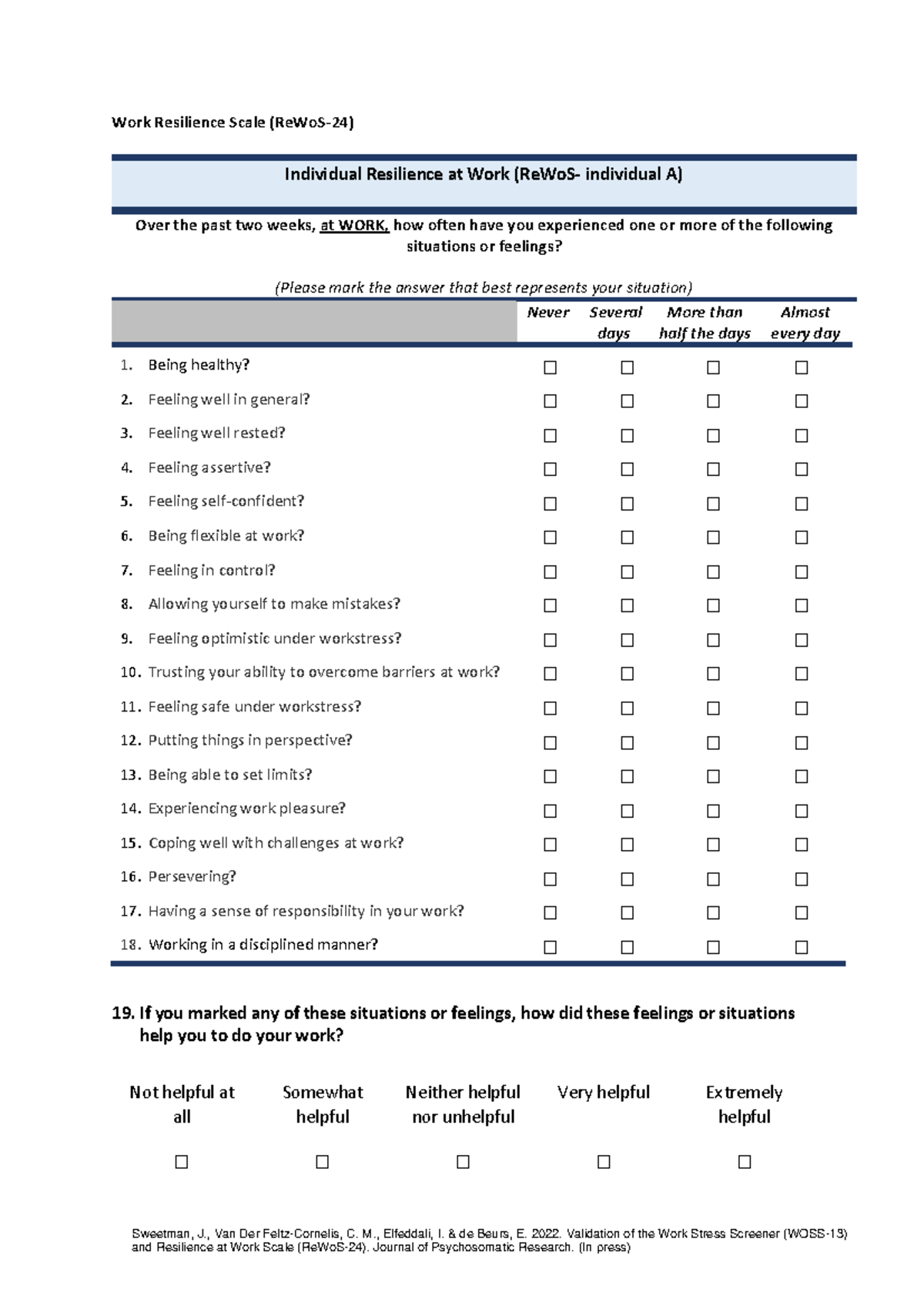 Work Resilience Scale: Individual & Team Assessment (Re Wo S-24) - Studocu