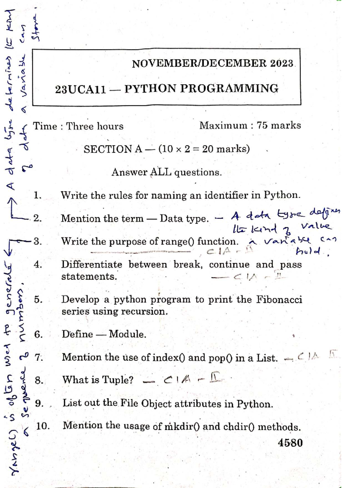 Python Programming 23UCS31 Question Paper - 2023 Exam - Studocu