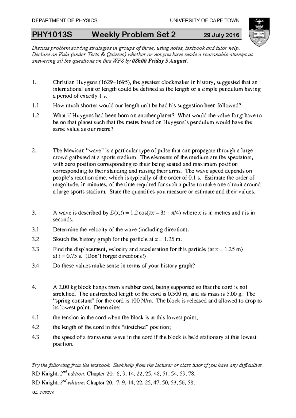 PHY1013S Weekly Problem Set 2 - Strategies & Solutions - Studocu