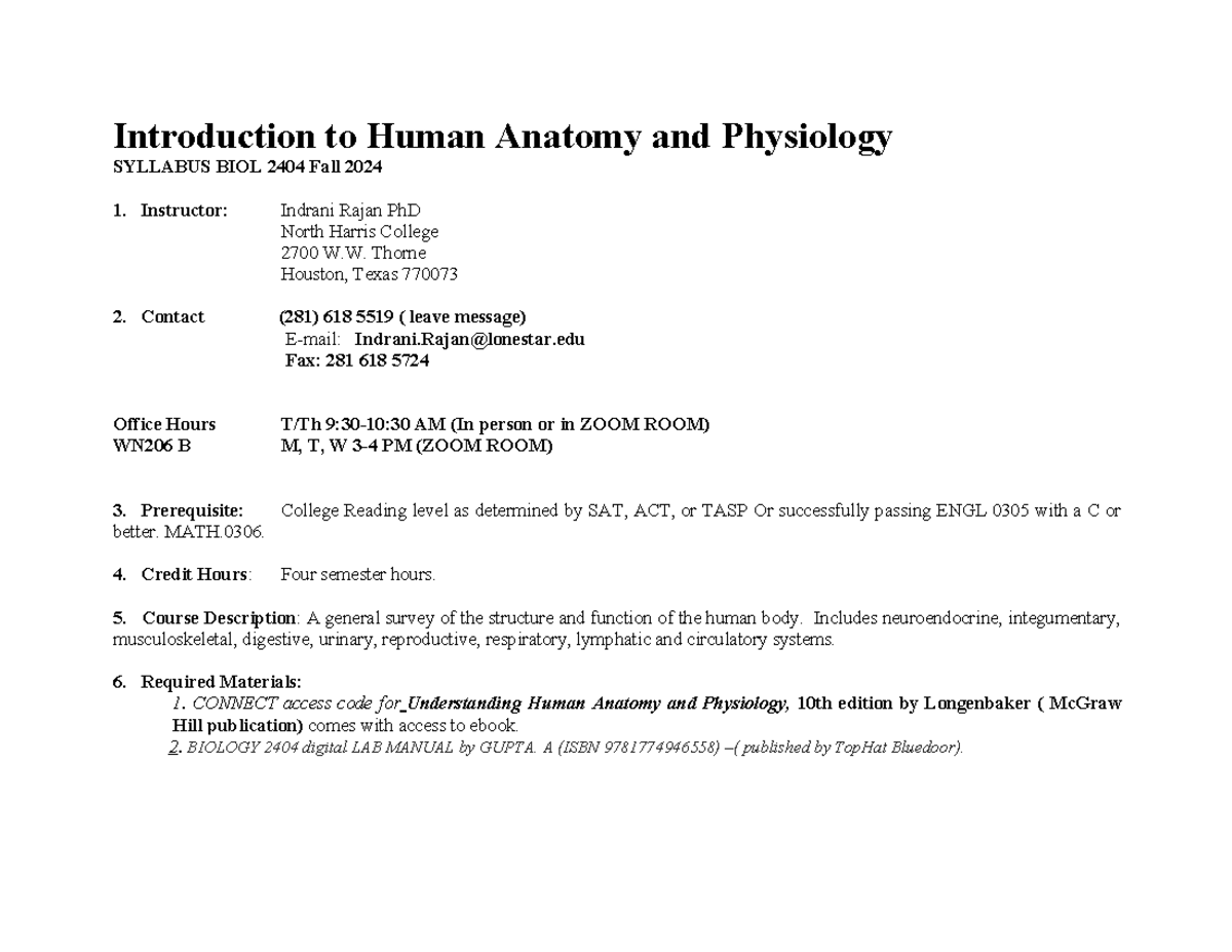 BIOL2404 - Syllabus for Human Anatomy & Physiology Fall 2024 - Studocu