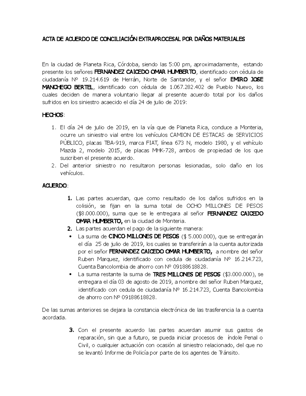 Acuerdo de Pago por Daños Materiales - Acta de Conciliación - Studocu